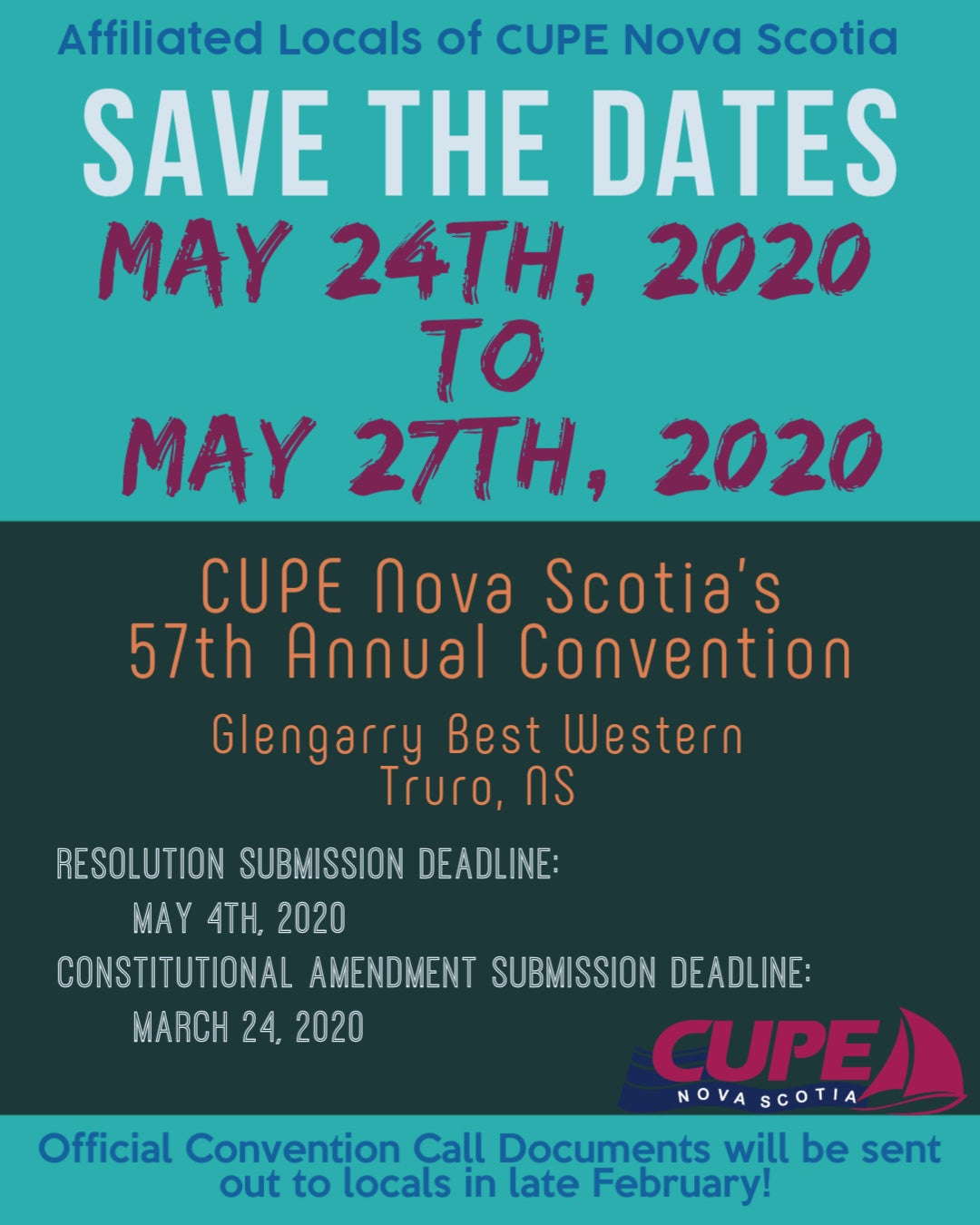 Save the Date - convention 2020 - CUPE Nova Scotia